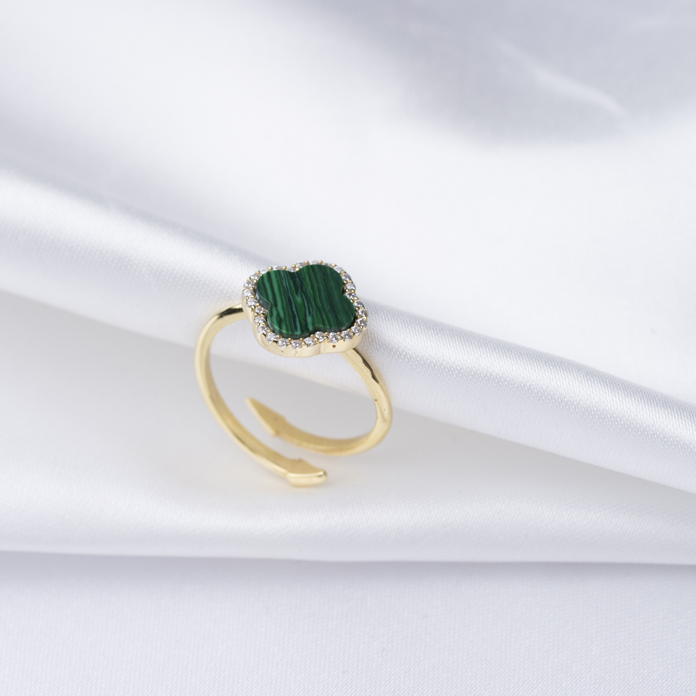 Malachite Clover Shape Sterling Silver Adjustable Ring